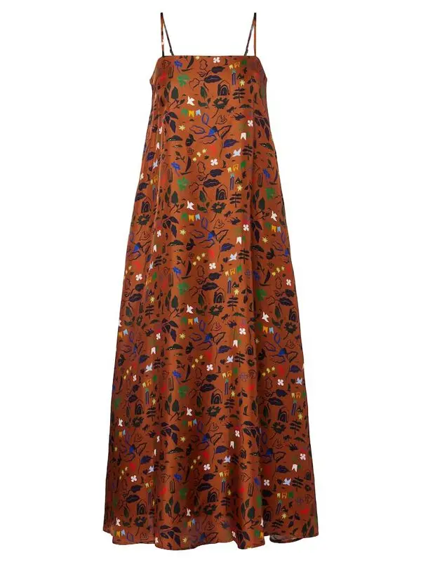Asceno Printed Silk Twill Midi Dress - Brown