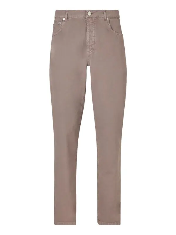 Brunello Cucinelli Logo-embroidered Straight-leg Cotton-twill Trousers - Brown