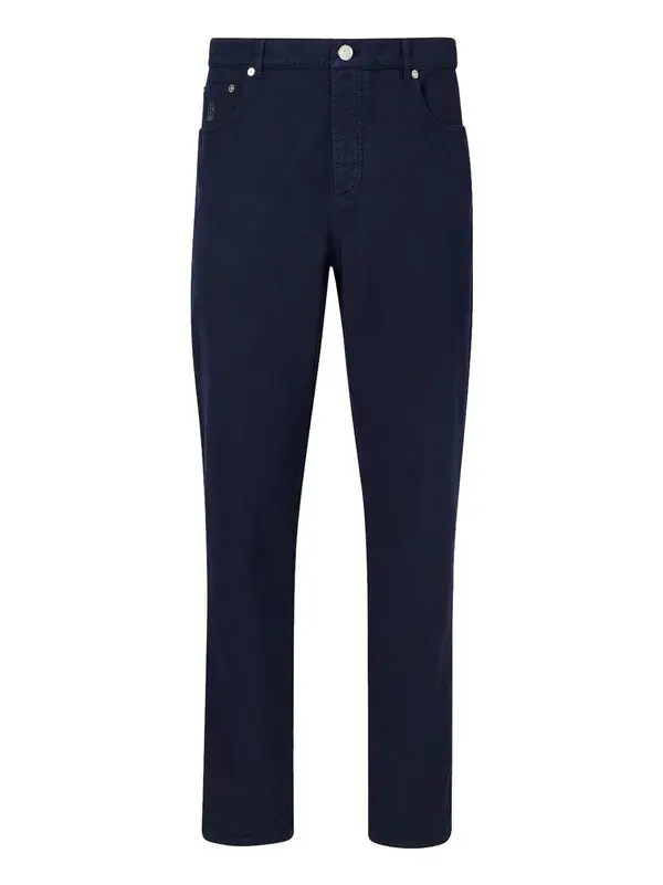 Brunello Cucinelli Logo-embroidered Straight-leg Cotton-twill Trousers - Blue