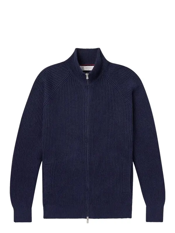 Brunello Cucinelli Ribbed Cotton Zip-up Sweater - Blue
