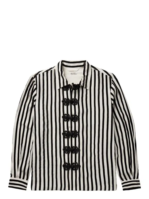 BODE Bannister Appliquéd Velvet-trimmed Striped Silk Shirt - White