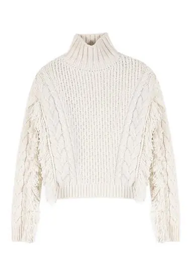 Maje Fringed High-neck Wool-blend Jumper - Ecru