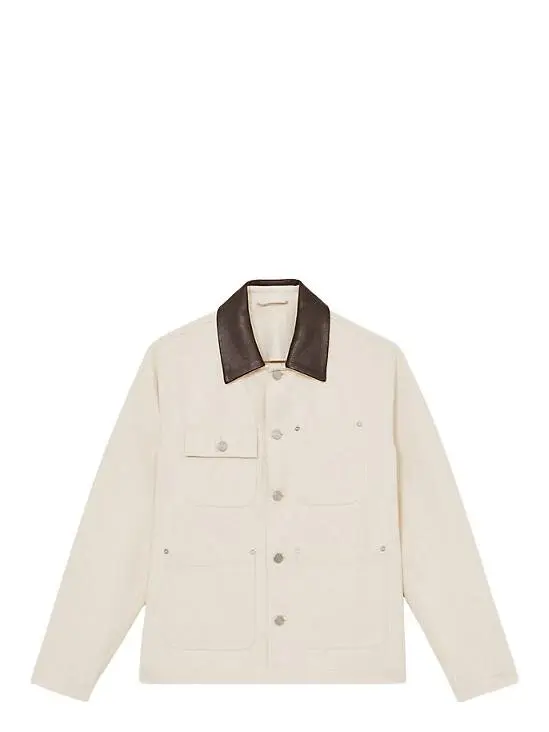 REISS Leather-collar Denim Jacket - Off White