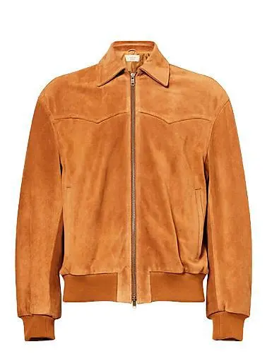 AUSTIN POST Classic-collar Suede Bomber Jacket With Ribbed Trims - Caramel