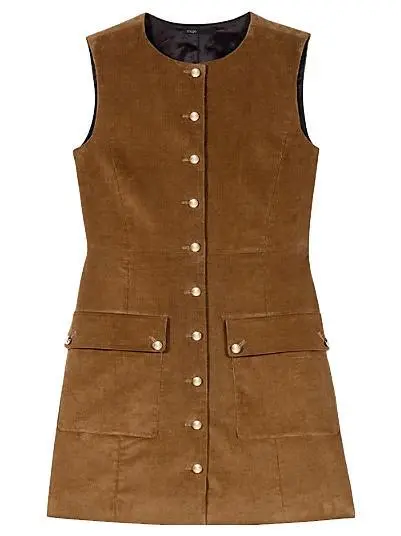 Maje Button-through Sleeveless Corduroy Mini Dress - Camel