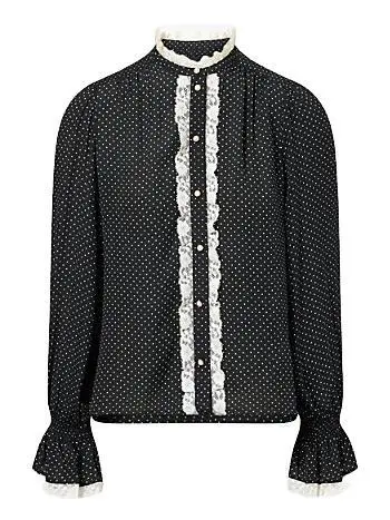 ME+EM Micro Polka-dot Lace Woven Blouse - Black/light Cream