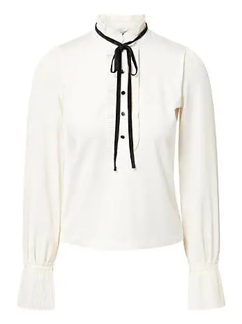 ME+EM Pleated-trims Tie Stretch-woven Blouse - Light Cream