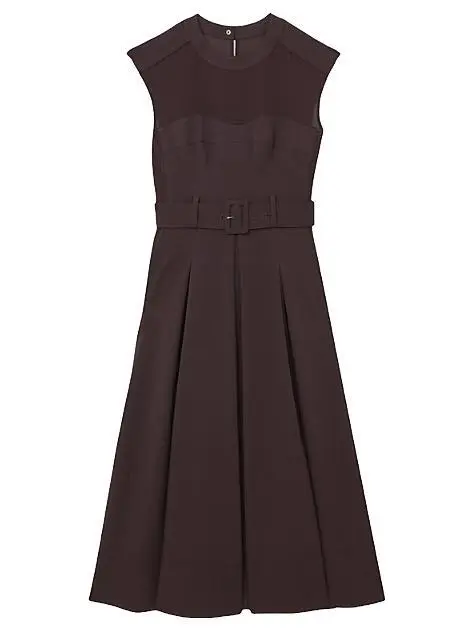 REISS Ava Belted-waist Stretch-woven Midi Dress - Burgundy