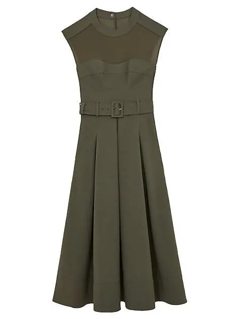 REISS Ava Belted-waist Stretch-woven Midi Dress - Khaki Green