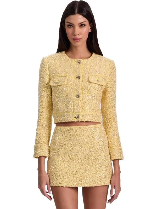 Alice + Olivia Lorie Embellished Tweed Jacket - Yellow