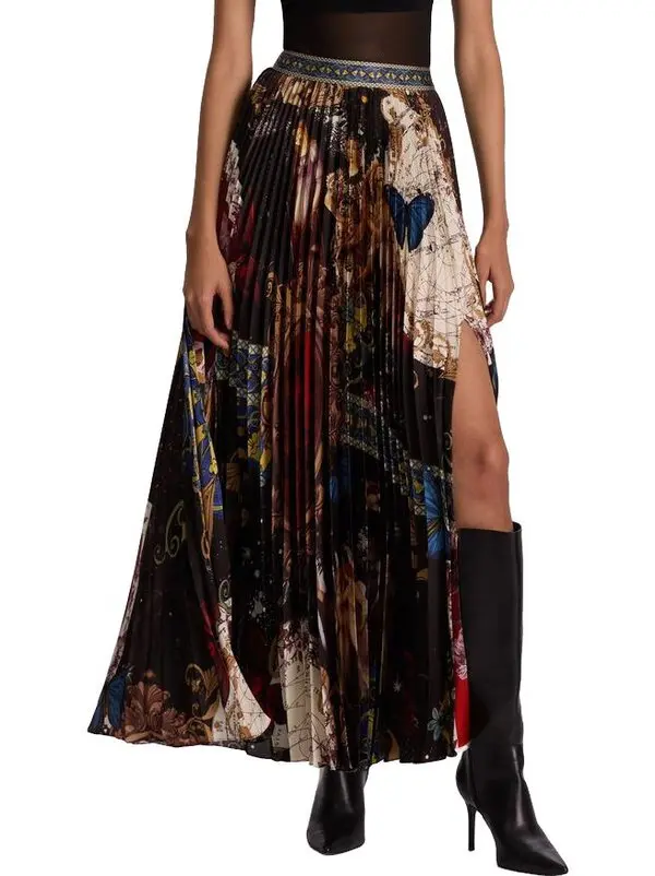 Alice + Olivia Printed Pleated Maxi Skirt - Natural