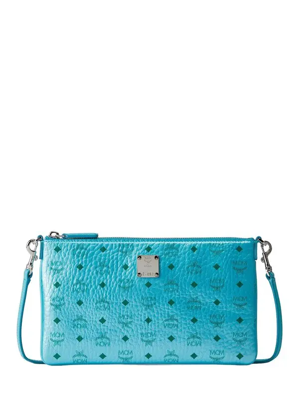 Mcm Visetos Monogram Pouch With Crossbody Strap - Blue Ceramic