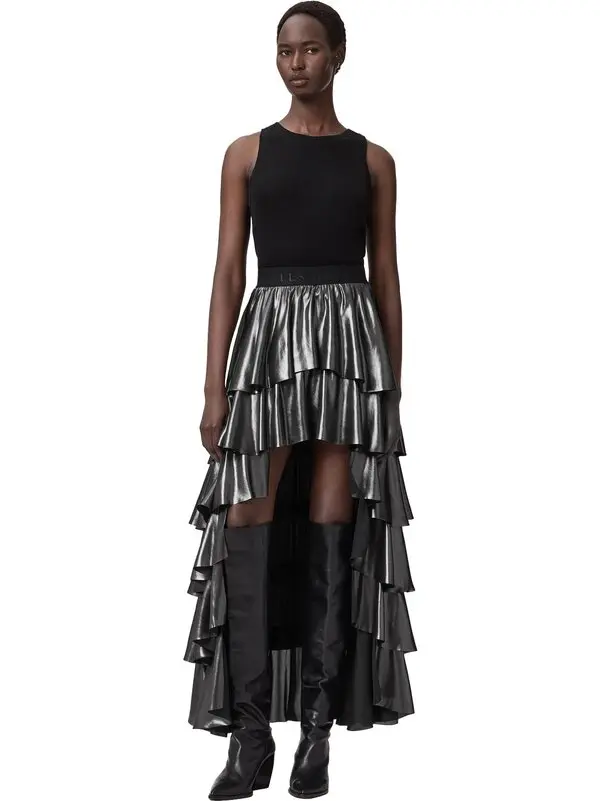 ALLSAINTS Metallic Ruffle Maxi Skirt - Silver
