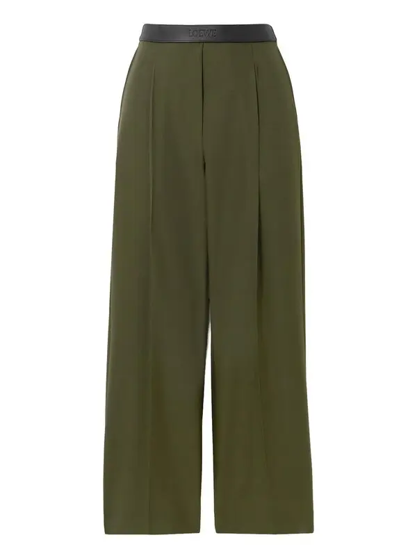Loewe Leather-trimmed Pleated Grain De Poudre Wool Pants - Green