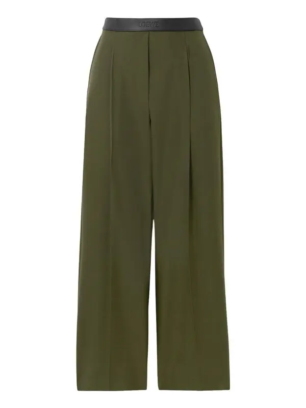 Loewe Leather-trimmed Pleated Grain De Poudre Wool Pants - Green