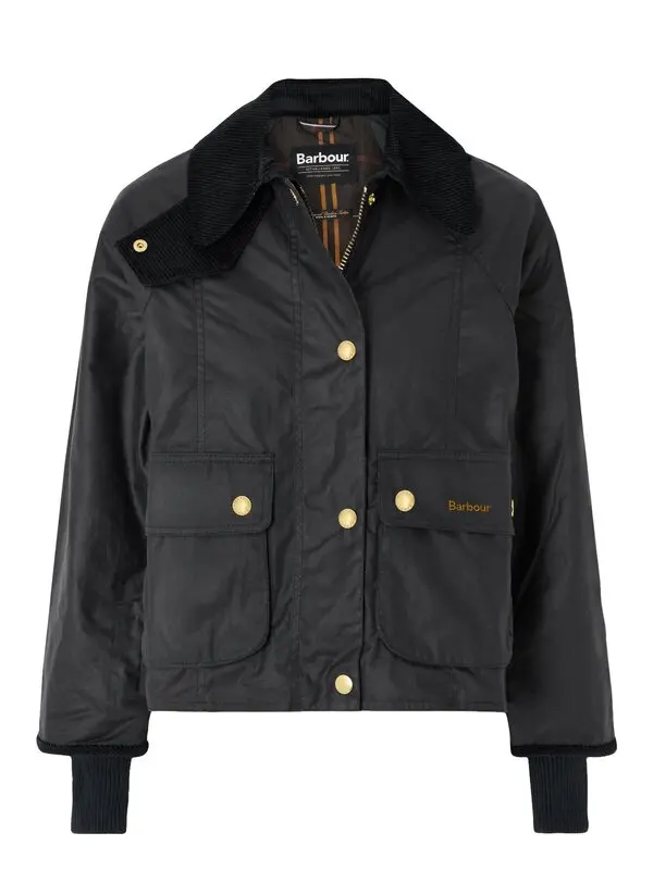 Barbour Cropped Corduroy-trimmed Waxed Cotton Jacket - Blue