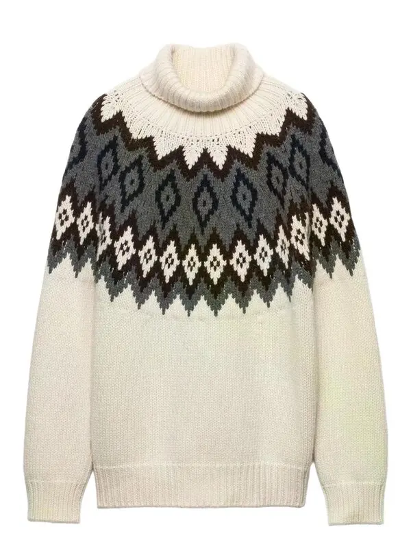 Prada Intarsia Turtleneck Ribbed Sweater - Neutrals