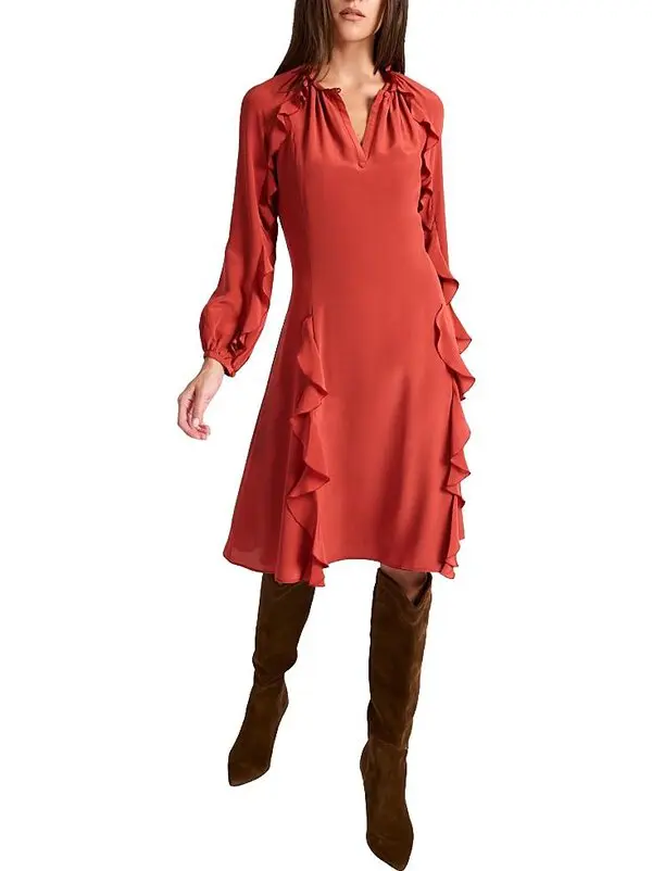 Santorelli Jayda Silk Long Sleeve Ruffle Dress - Rust