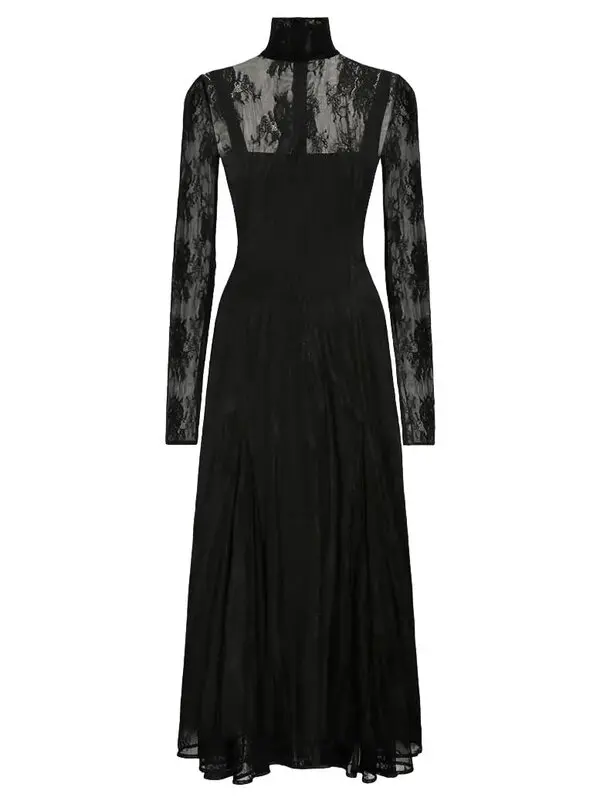 Dolce & Gabbana Chantilly Lace Mock Neck Long Sleeve Dress - Black