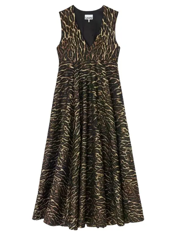 GANNI Animal-print V-neck Midi Dress - Black