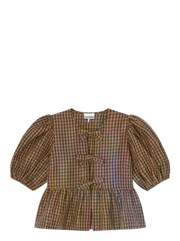 GANNI Gingham Bow Blouse - Brown