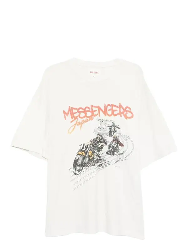 KAMIYA Motorbike Messengers-print Distressed T-shirt - Neutrals