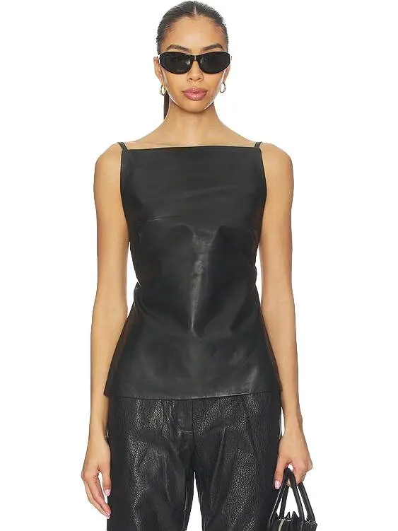ST. AGNI Leather Square Neck Top - Black
