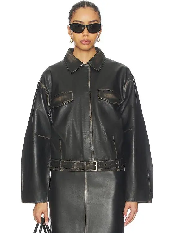 ST. AGNI Brushed Leather Belted Jacket - Black