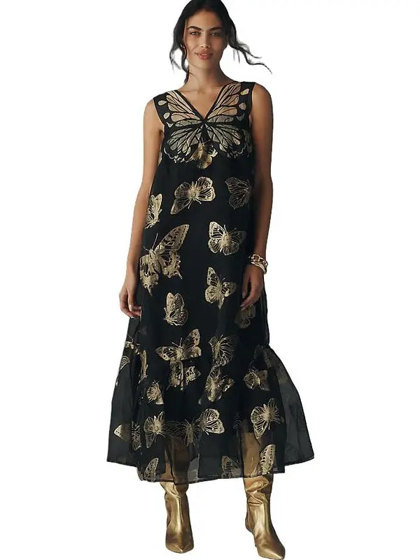 Anthropologie Sleeveless Butterfly Midi Dress - Black / Gold Foil