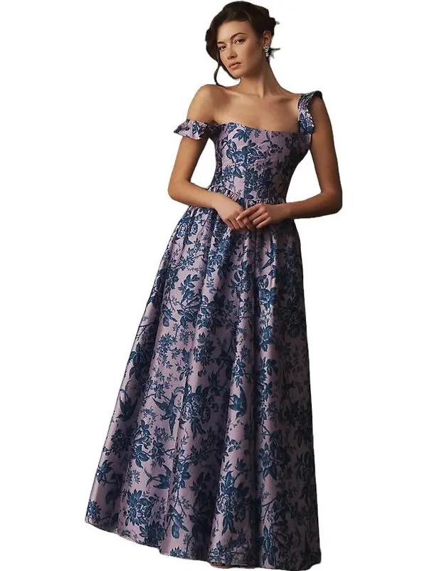 Bhldn Bow-detailed Square-neck A-line Maxi Dress - Navy