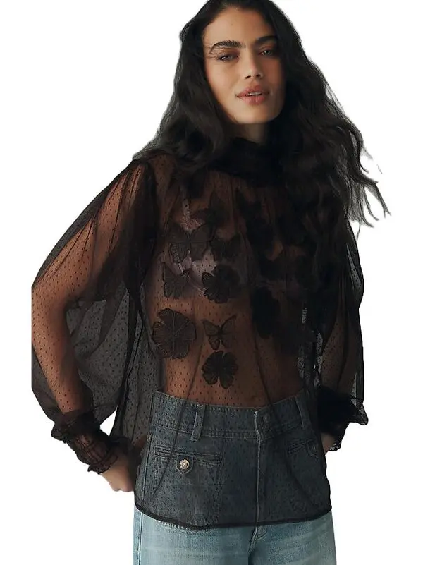Anthropologie 3d Butterfly Sheer Blouse - Cocoa