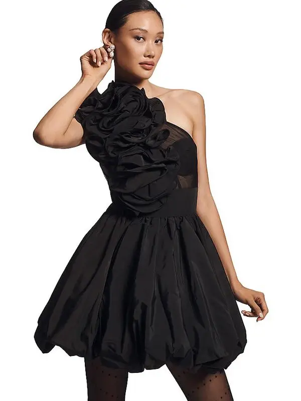 Mac Duggal One-shoulder Rosette A-line Mini Dress - Black