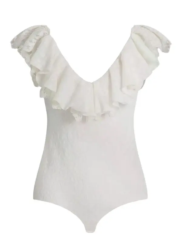 Alberta Ferretti Ruffled Lace V-neck Bodysuit - White