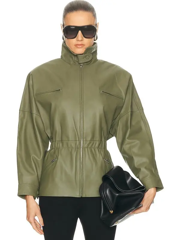 AEXAE Leather Cinched Mid Jacket - Olive Green