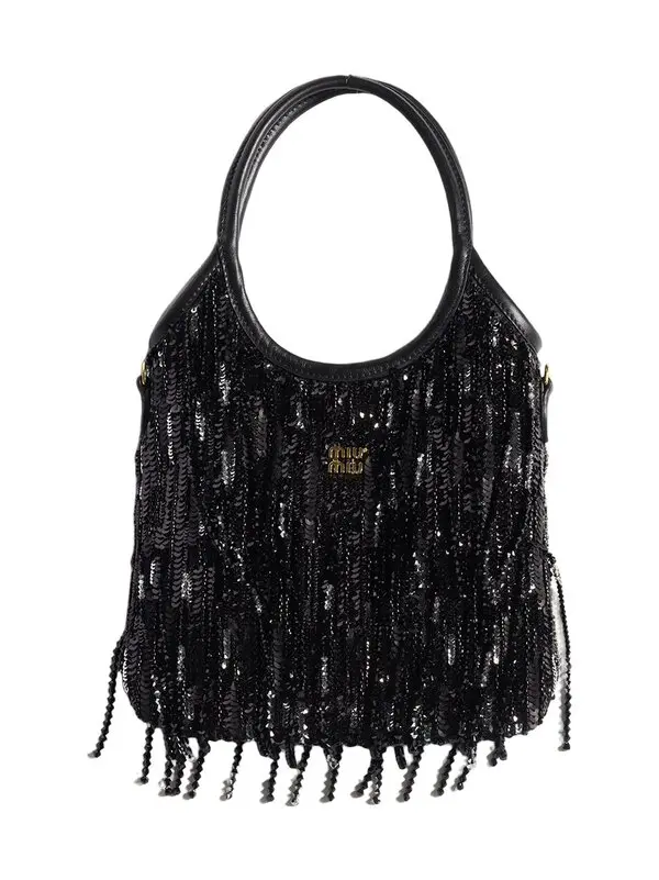 Miu Miu Ivy Satin Handbag With Crystal And Sequin Fringe - Black