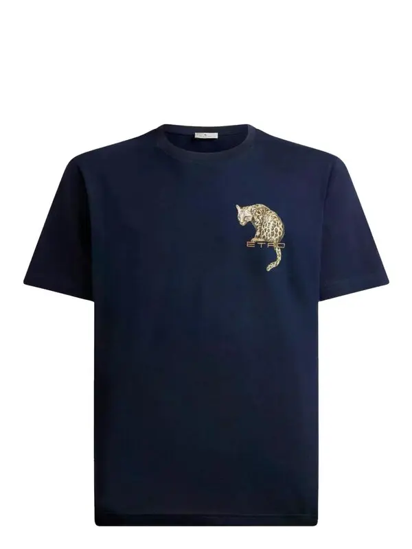 Etro Leopard Print Embroidery Cotton T-shirt - Blue