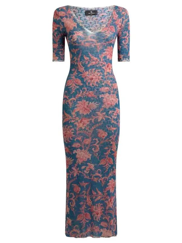 Etro Floral-motif Tulle Midi Dress - Blue