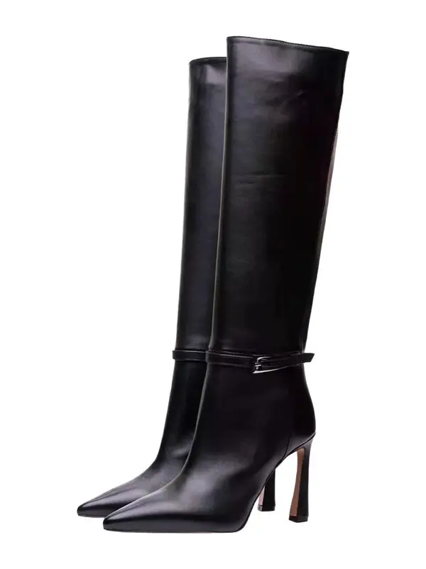 POCHE PARIS Buckle Pointed-toe Knee-high Boots - Black