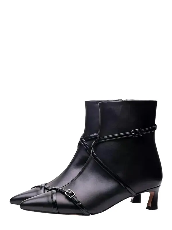 POCHE PARIS Buckle-strap Pointed Toe Boots - Black