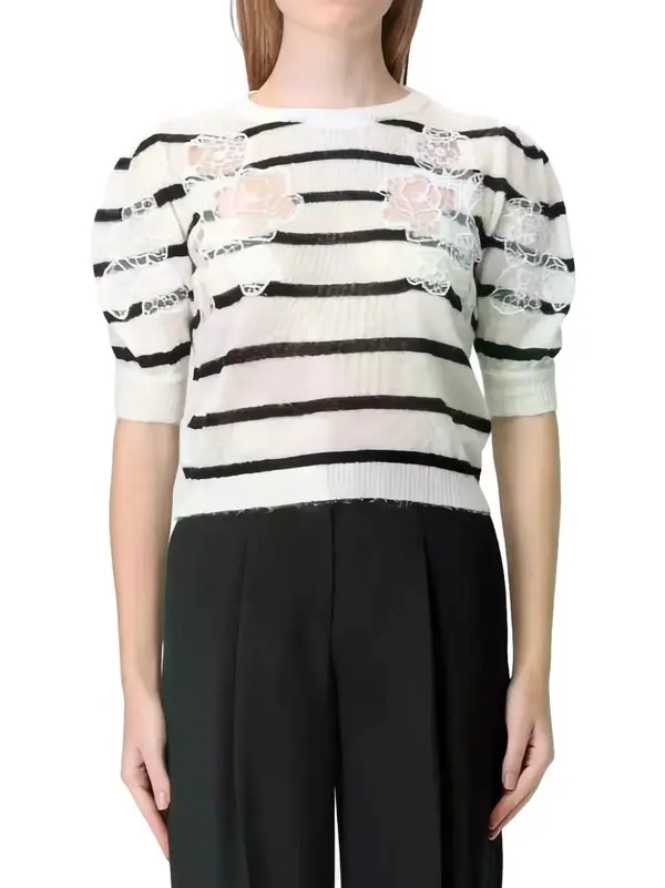 TWINSET Striped Floral-detail T-shirt - Neutrals