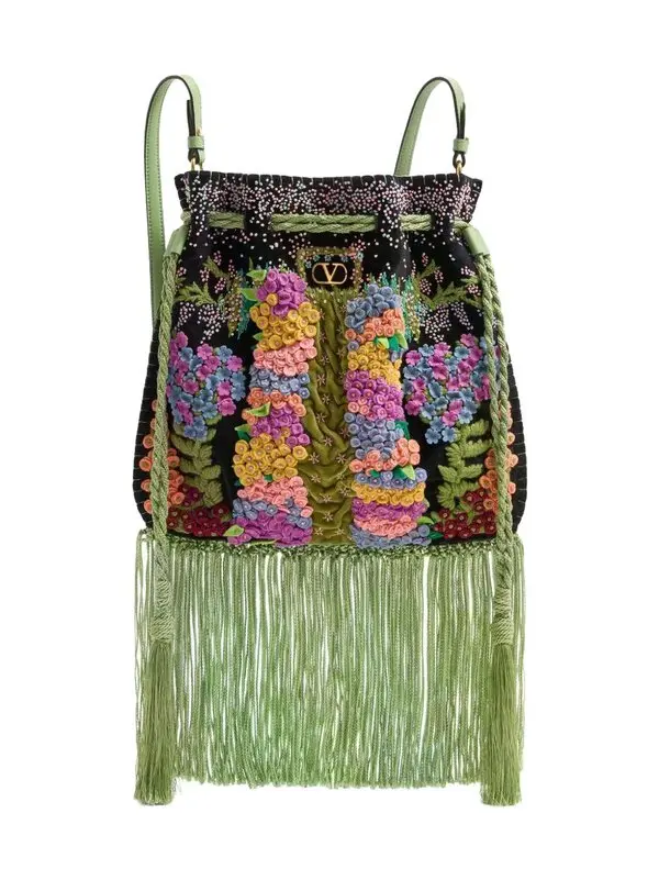 Valentino Garavani Embroidered Drawstring Bag With Fringes - Black