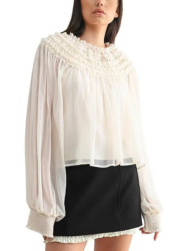 LUVEE Smocked Sheer Blouse - Cream