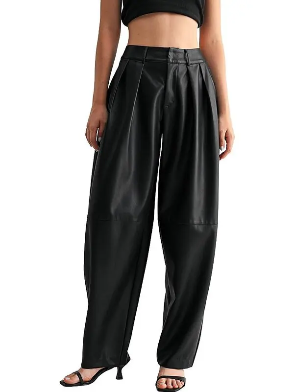 LUVEE Mable High Rise Faux Leather Pleated Pants - Black