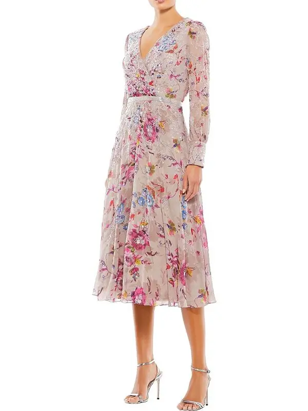 Mac Duggal Embellished Floral Long Sleeve Midi Dress - Mauve Multi
