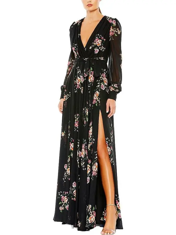 Mac Duggal Belted Floral Print Illusion Long Sleeve Gown - Black Multi