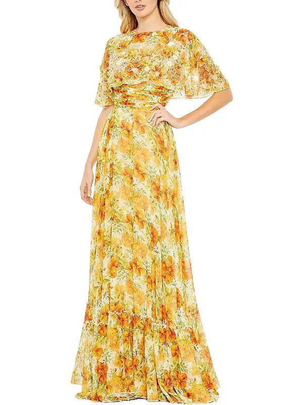 Mac Duggal Floral Print High Neck Cape Sleeve A-line Gown - Yellow Multi