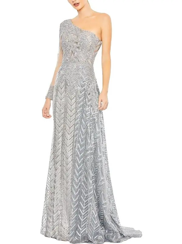 Mac Duggal Asymmetric Hand-beaded Mesh Dress - Platinum