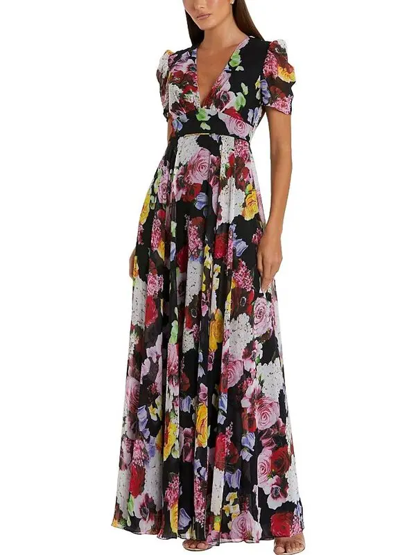 Mac Duggal Floral Print Mesh Cap Sleeve Gown - Black Multi