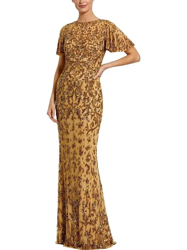 Mac Duggal Embellished High Neck Flutter Sleeve Gown - Nude Gold
