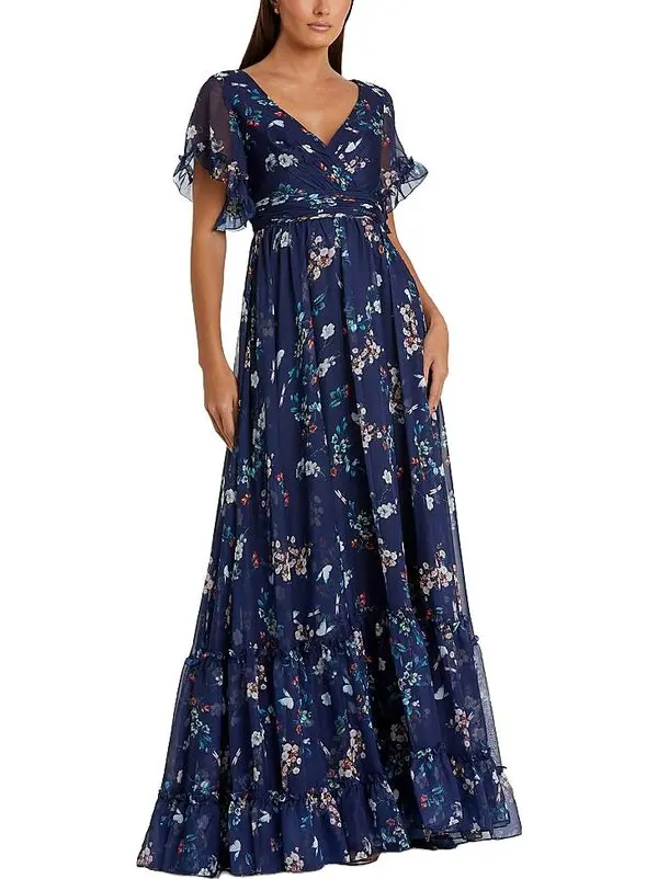 Mac Duggal Flounce Sleeve Floral Maxi Dress - Navy Multi
